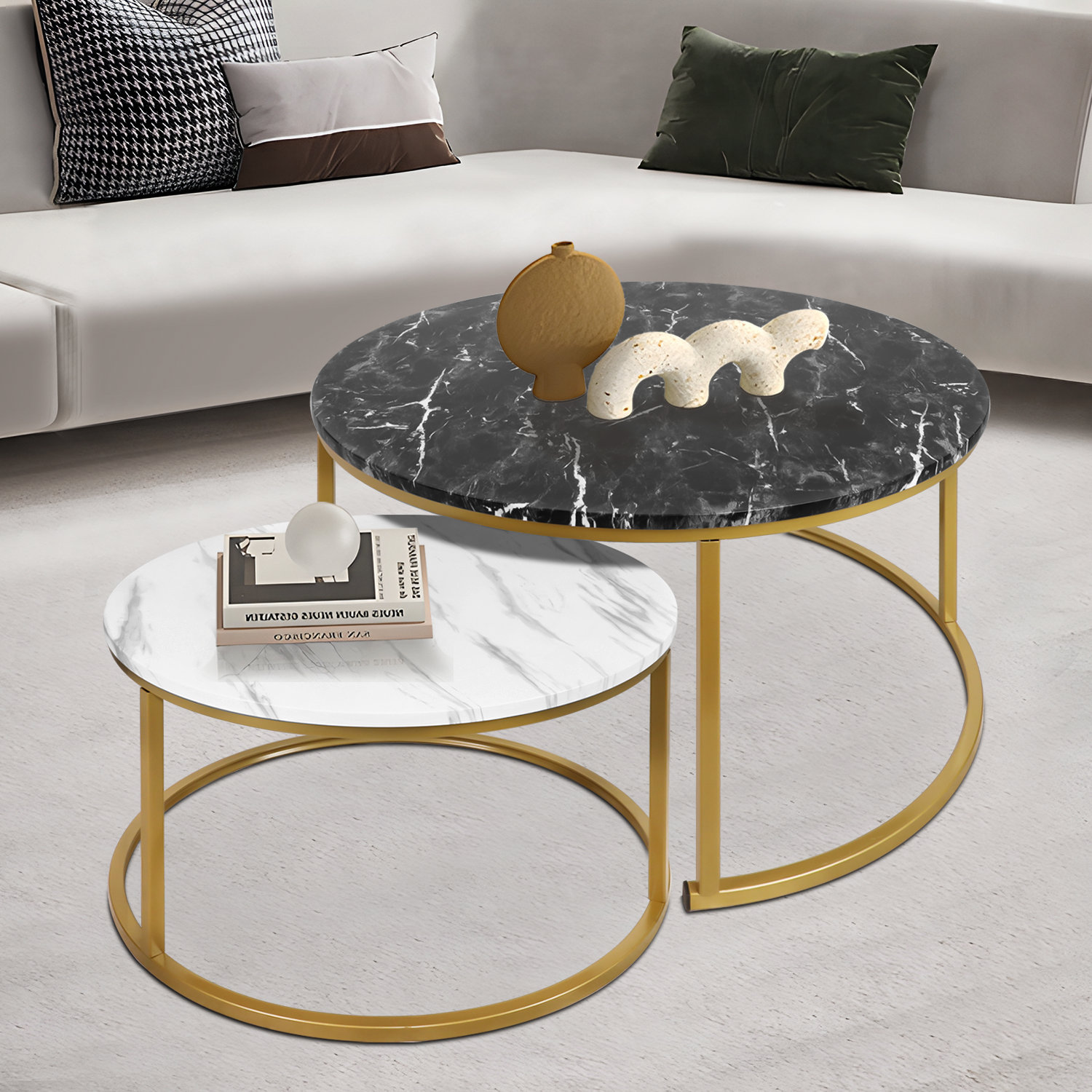Mercer41 2 Piece 35" Round Marble Nesting Coffee End Table With Golden Steel Frame & Reviews ...